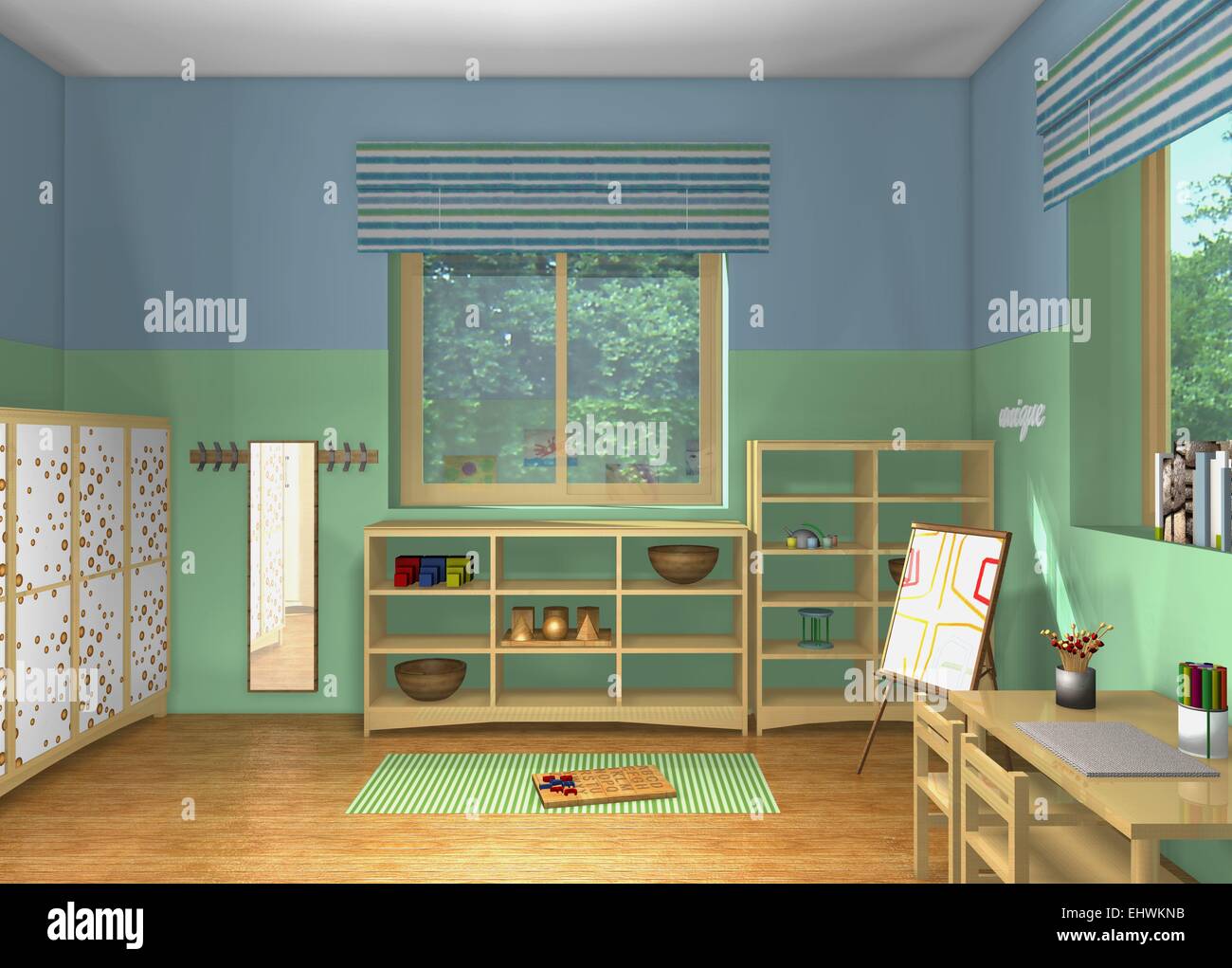 Kids’ room inspired by Maria Montessori. 3D top view design. Toddlers ...