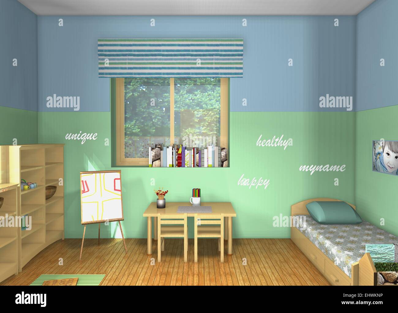 Kids’ room inspired by Maria Montessori, 3D top view design. Toddlers ...