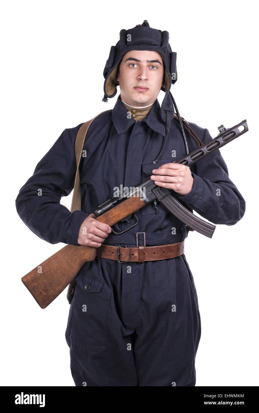 young Soviet tank driver with his gun on white background Stock Photo ...