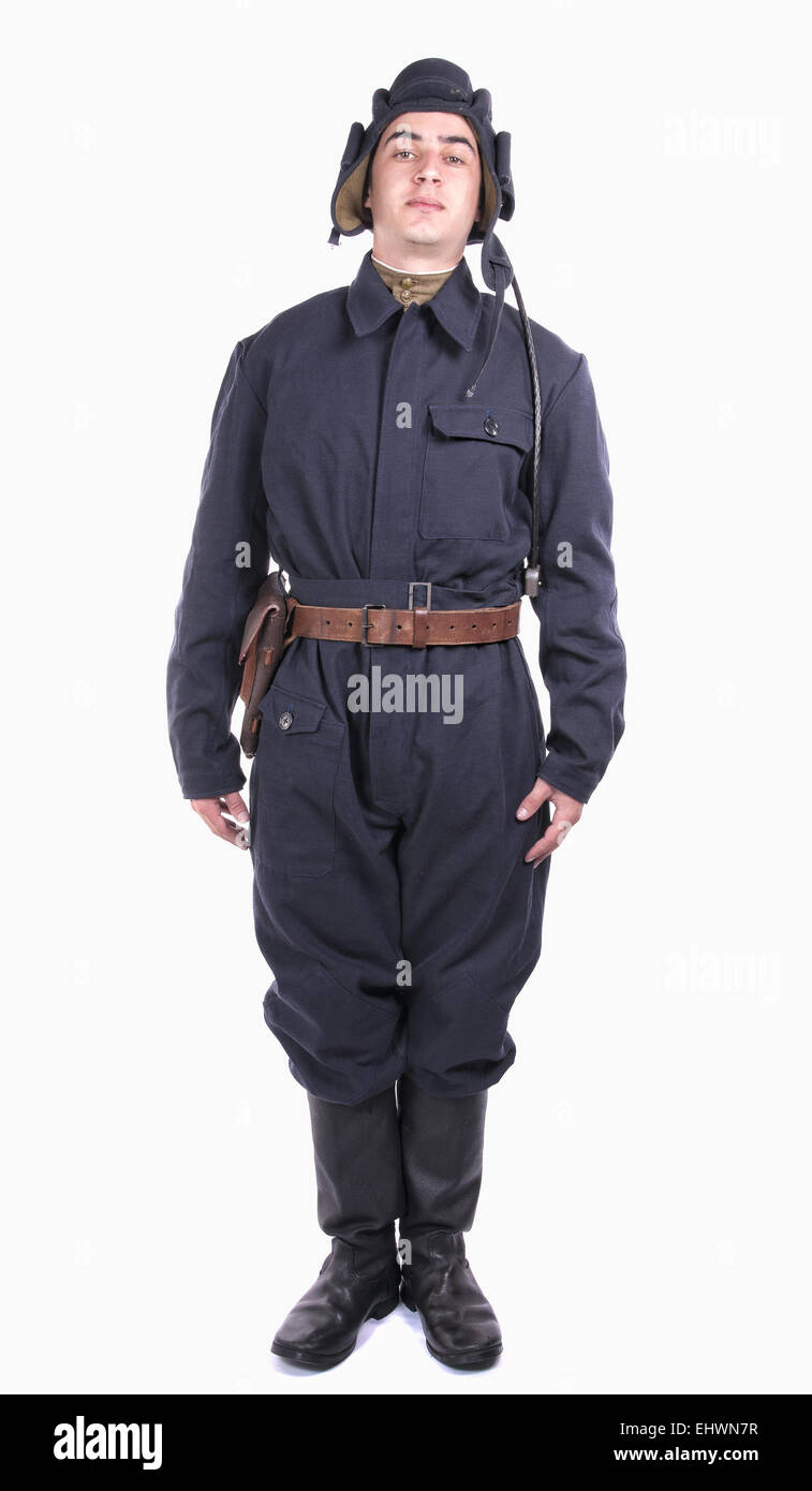 young Soviet tank driver with his gun on the white background Stock ...