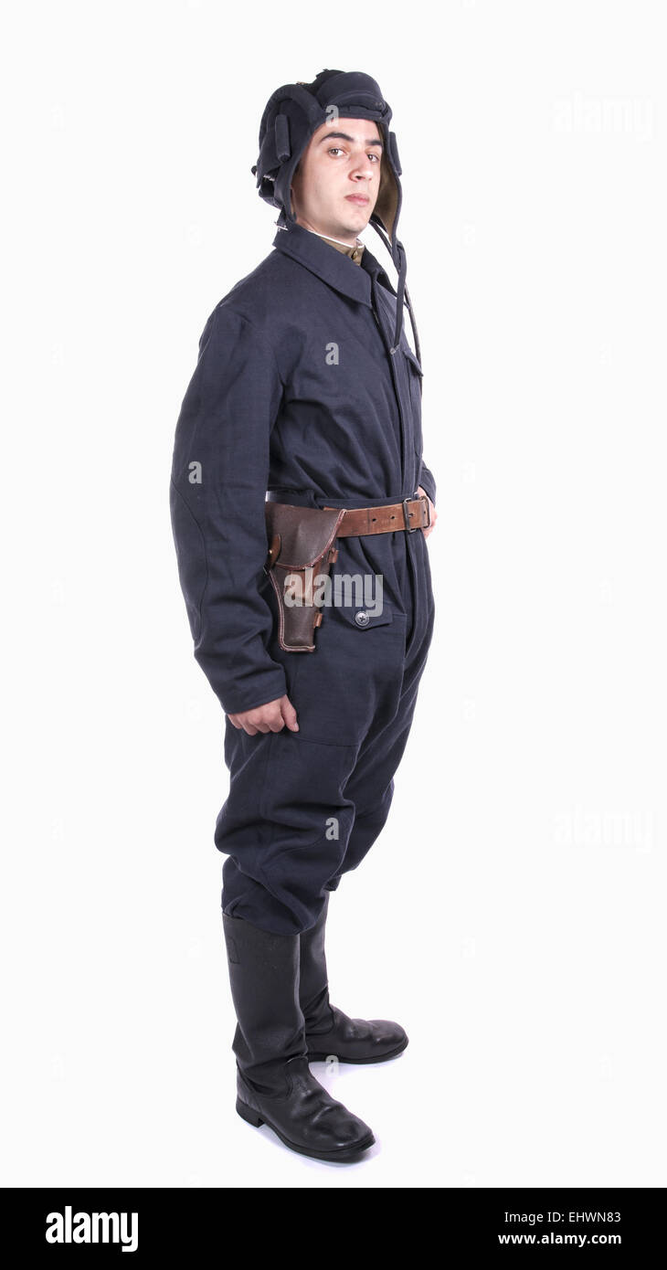 young Soviet tank driver with his gun on the white background Stock ...