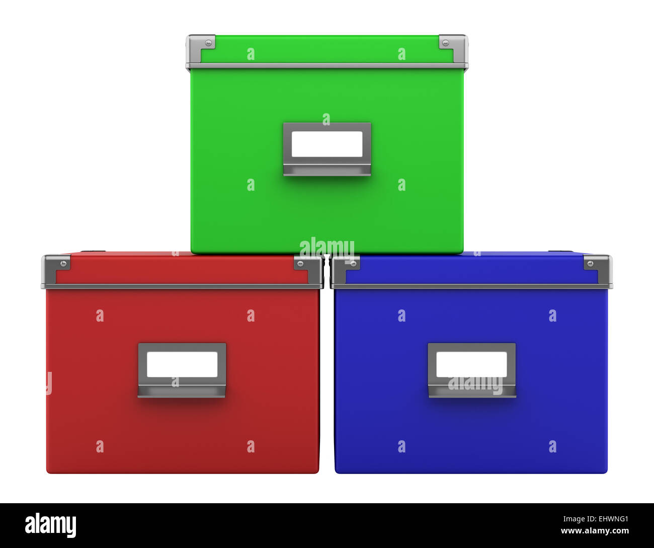 three color office cardboard boxes isolated on white background Stock ...