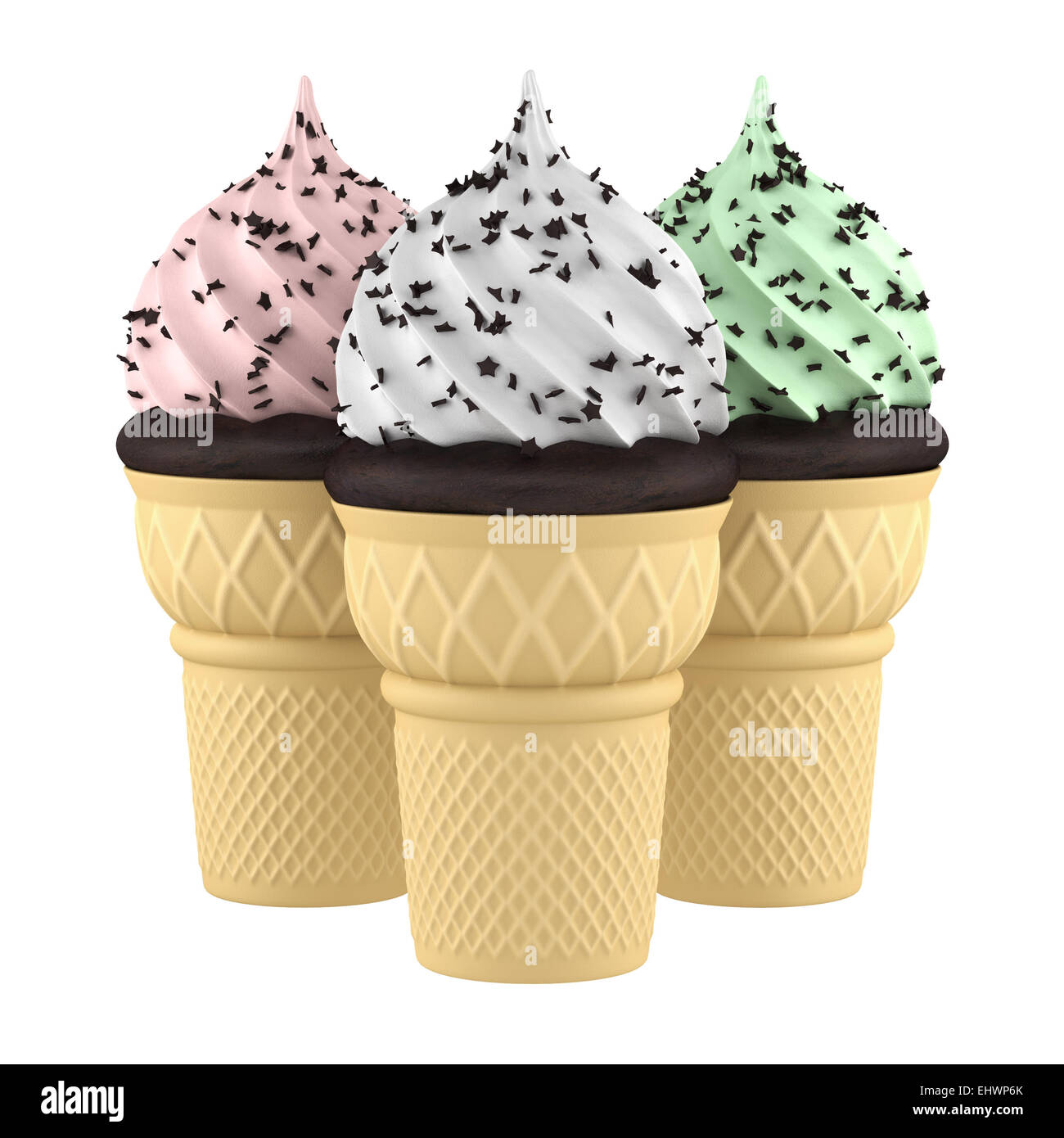 Three Ice Creams In Waffle Cones Isolated On White Background Stock
