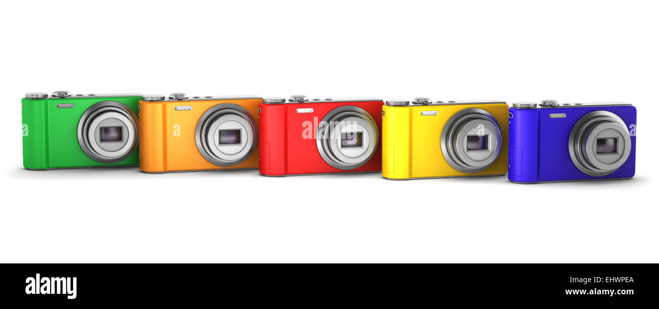 five multicolor point and shoot photo cameras isolated on white ...
