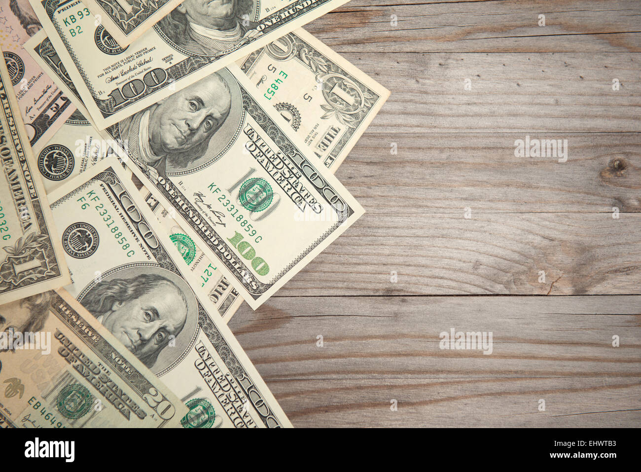 Top view bank notes on old wooden table with copy space on side Stock ...