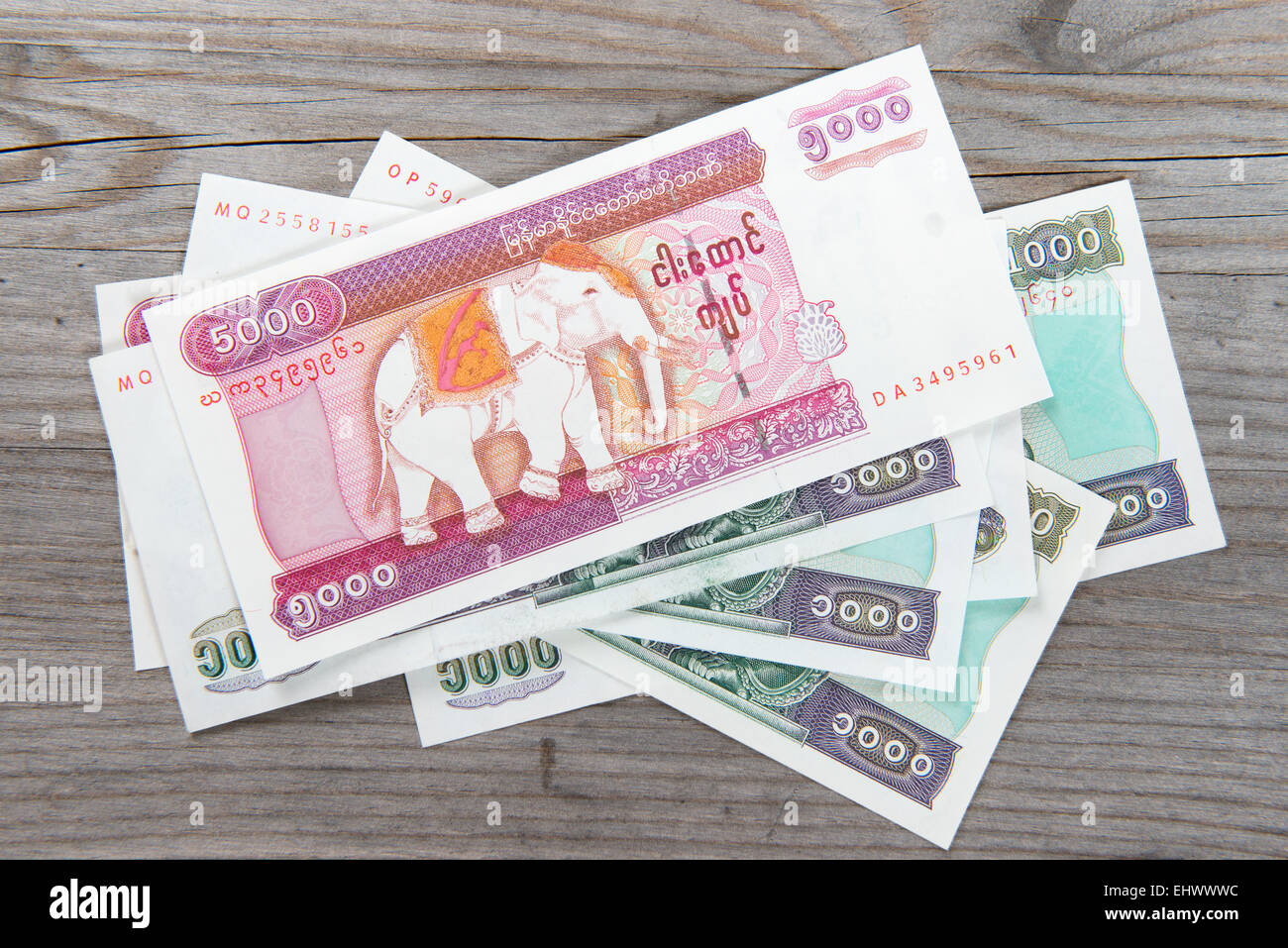 Myanmar kyat bank notes on wooden table, overhead view Stock Photo - Alamy