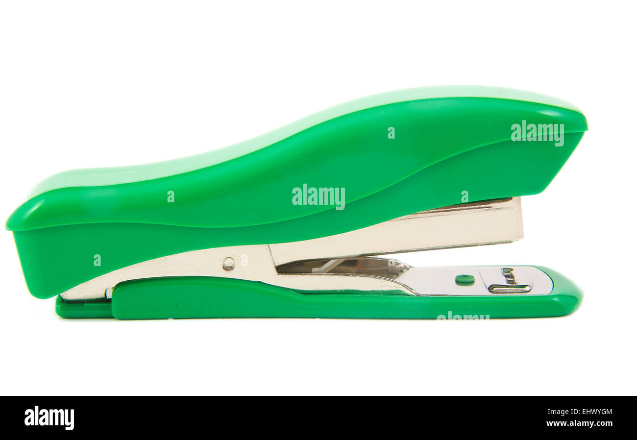Green stapler on a white background Stock Photo - Alamy