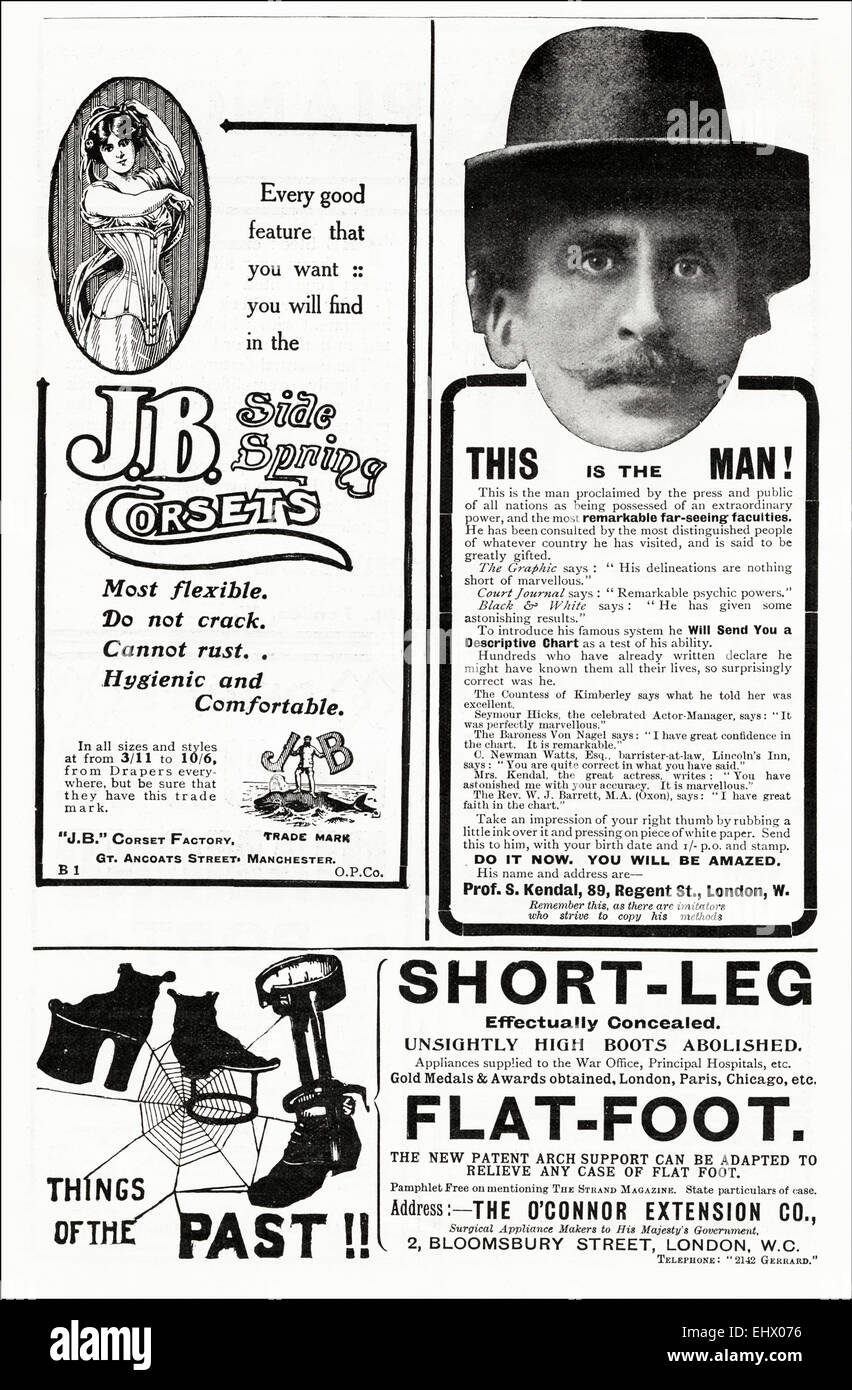 Full page of typical adverts in Edwardian era magazine dated 1908 Stock ...