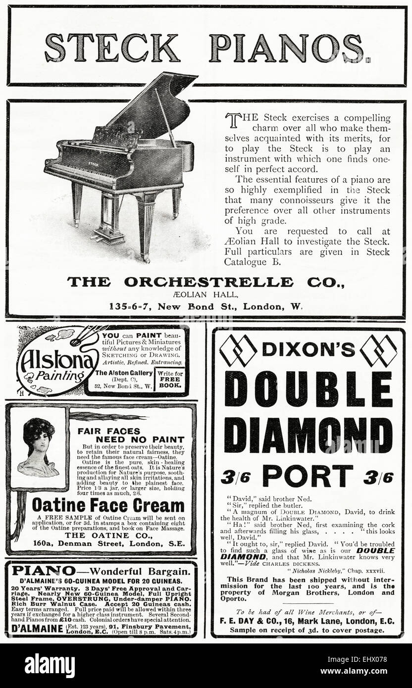 Full page of typical adverts in Edwardian era magazine dated 1908 Stock ...