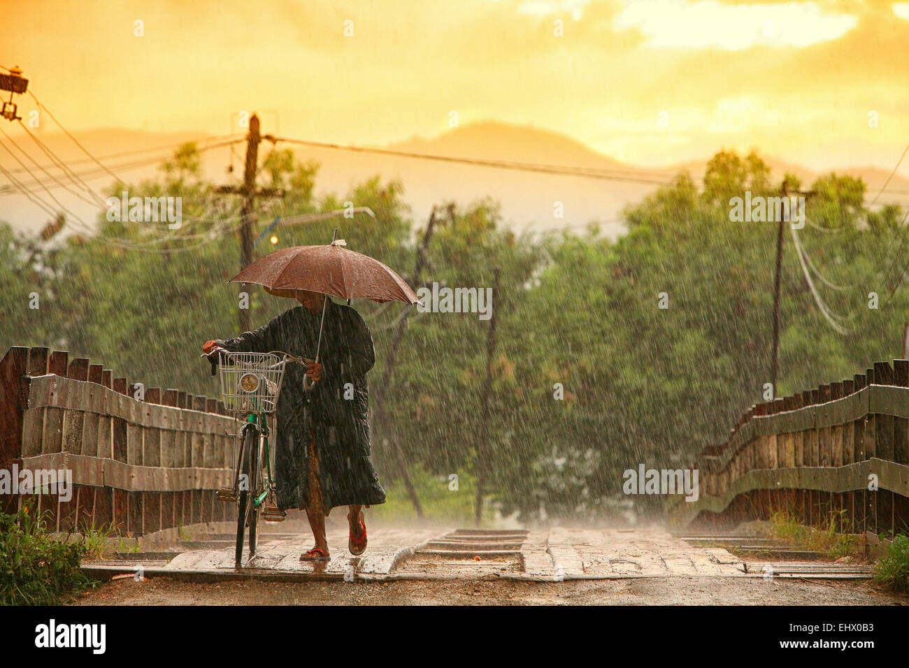 Myanmar, person on footbridge in monsoon rainfall Stock Photo - Alamy