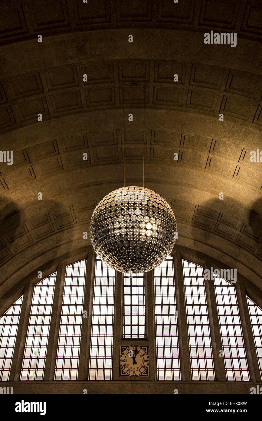 Switzerland, Basel, mirror ball hanging in station concourse Stock ...