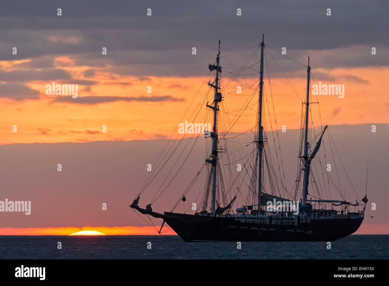 Pacific Ocean, sailing ship at Galapagos Islands at sunset Stock Photo ...
