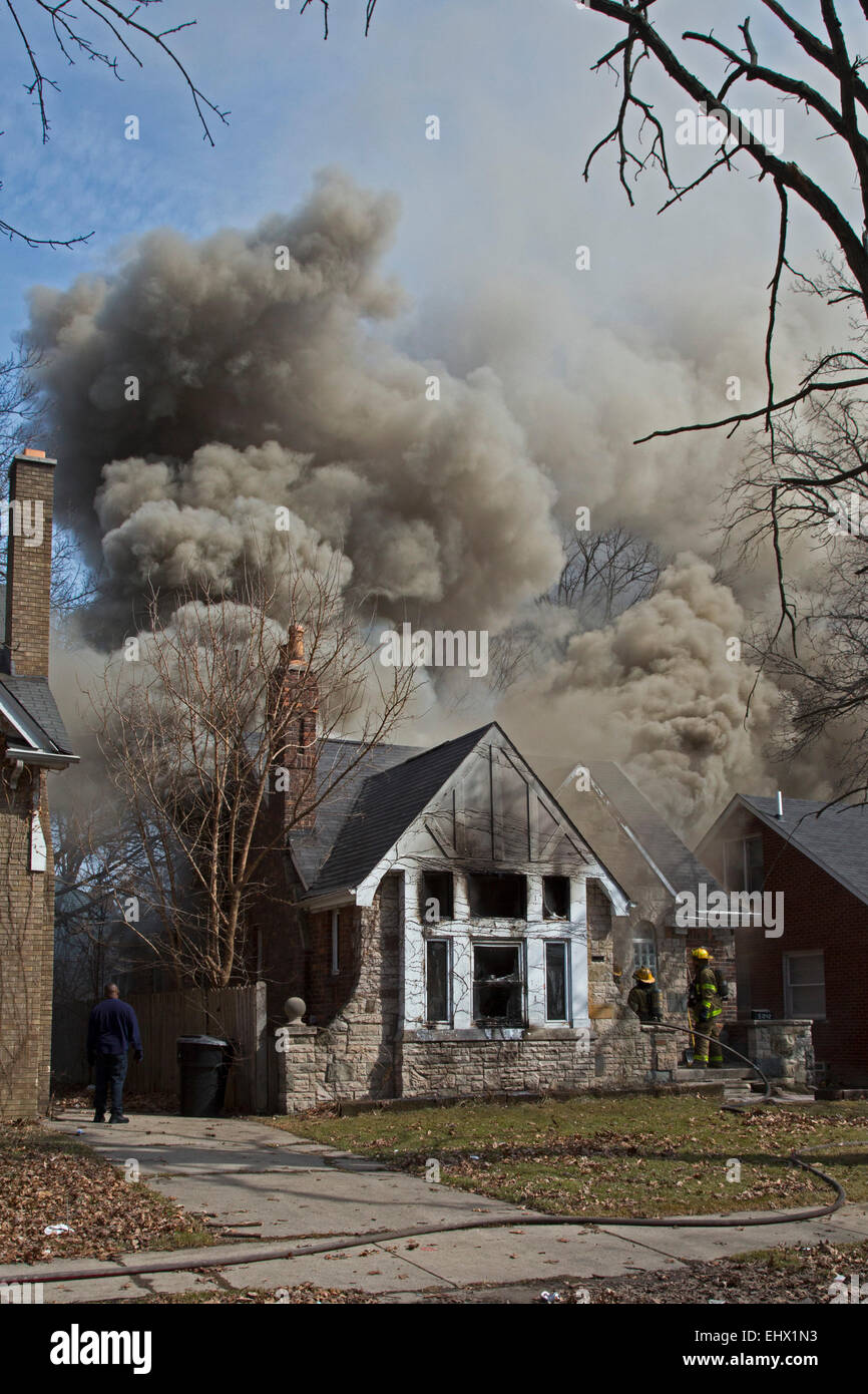 Detroit, Michigan - Firefighters battle a fire which destroyed a vacant ...