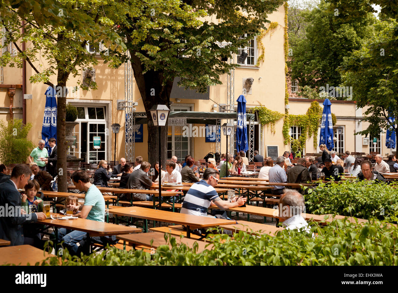 Germany, Bavaria, Munich, beer garden of the Hofbraeukeller Stock Photo ...