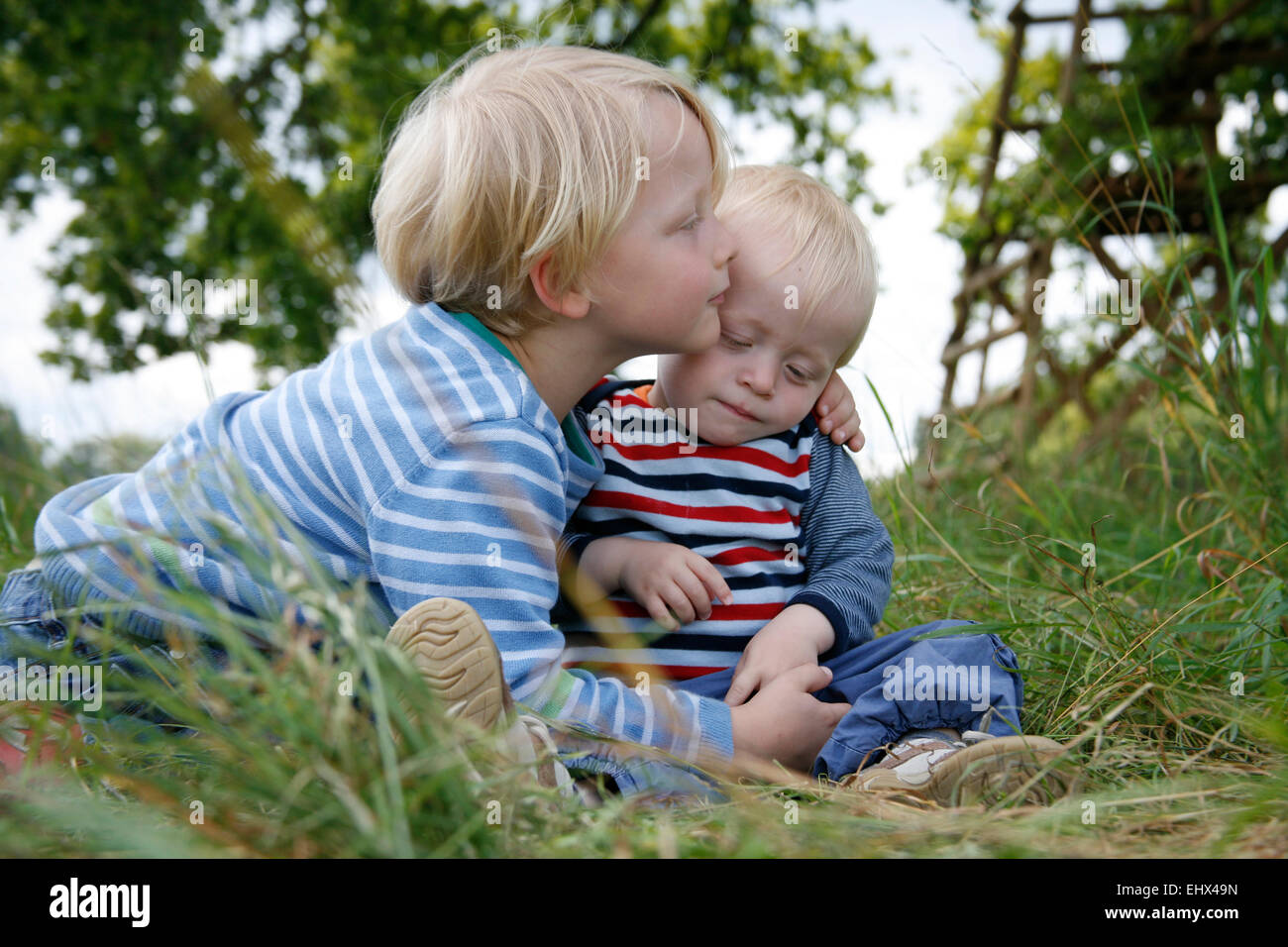 Two little brothers on a meadow Stock Photo - Alamy