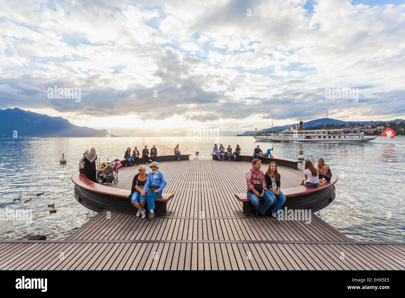Switzerland, Montreux, Lake Geneva, people on jetty at lakeshore Stock ...