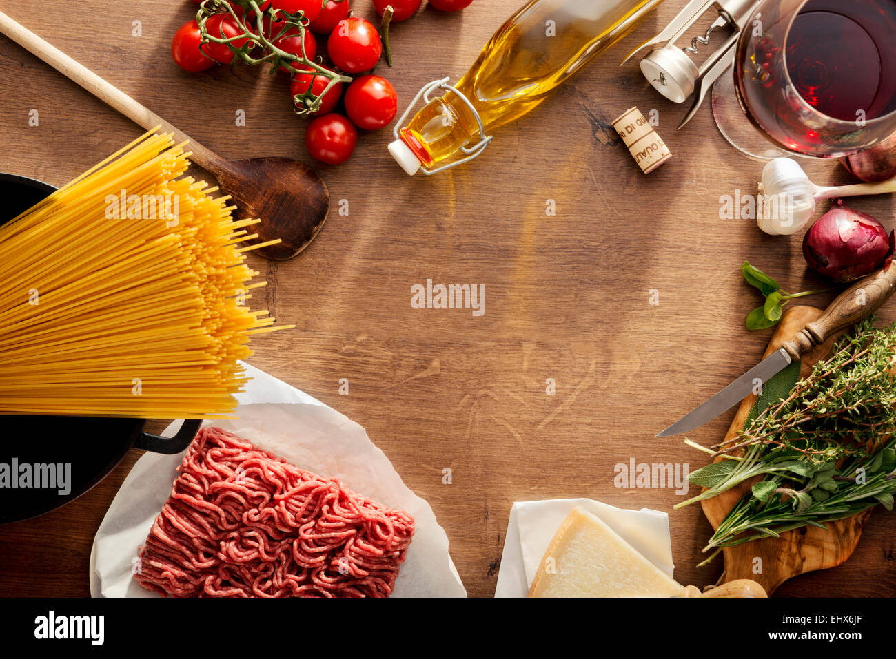 Italian Food, ingredients for Spaghetti Bolognese on wood Stock Photo ...