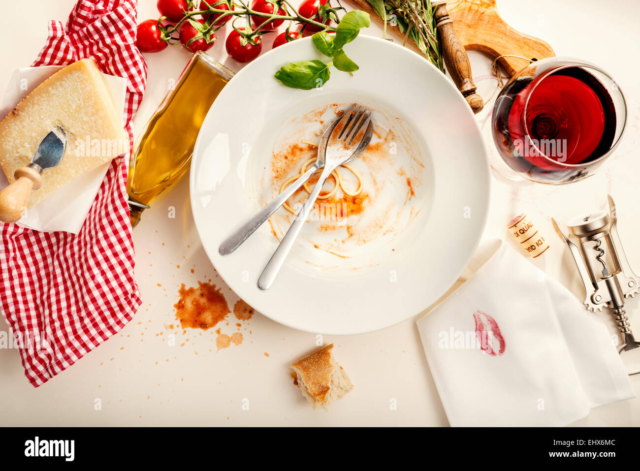 Spaghetti Bolognese, empty plate napkin with kissing lips Stock Photo ...