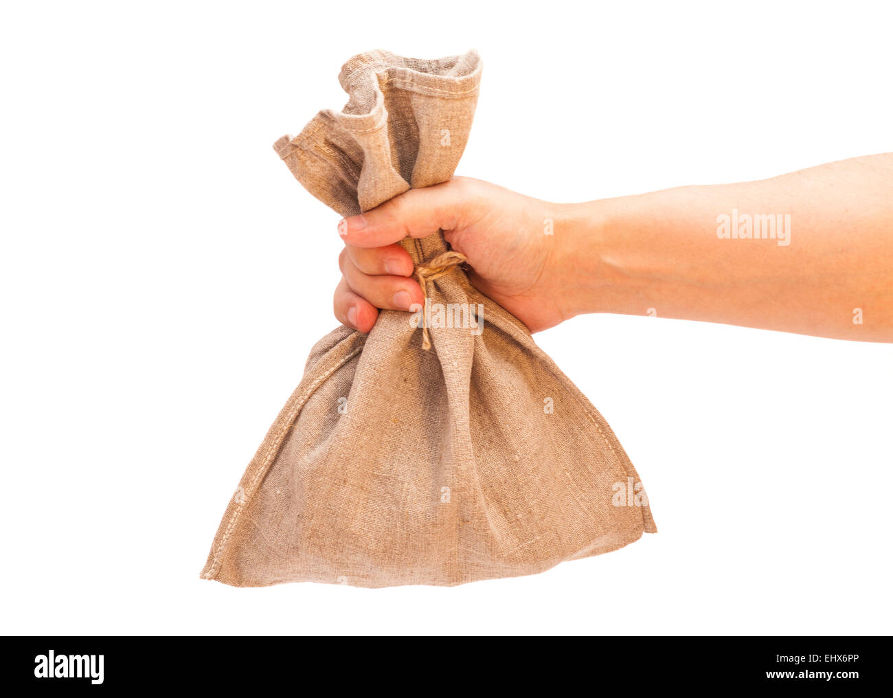 Man hand with burlap sack on white background Stock Photo - Alamy