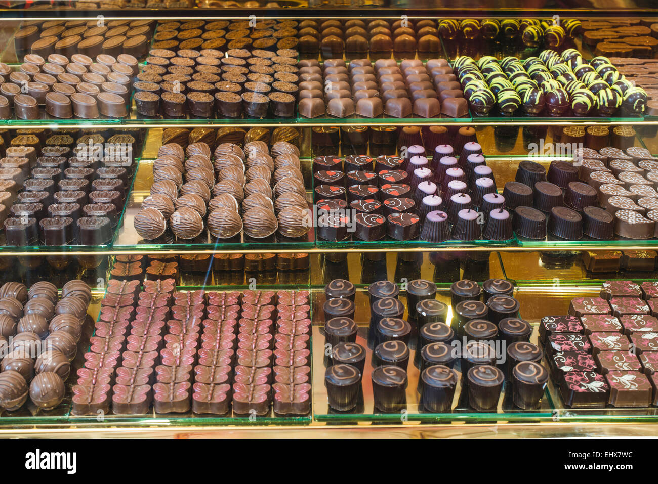 Bulgaria, Chocolate candy in a shop window, Stand with chocolates Stock ...