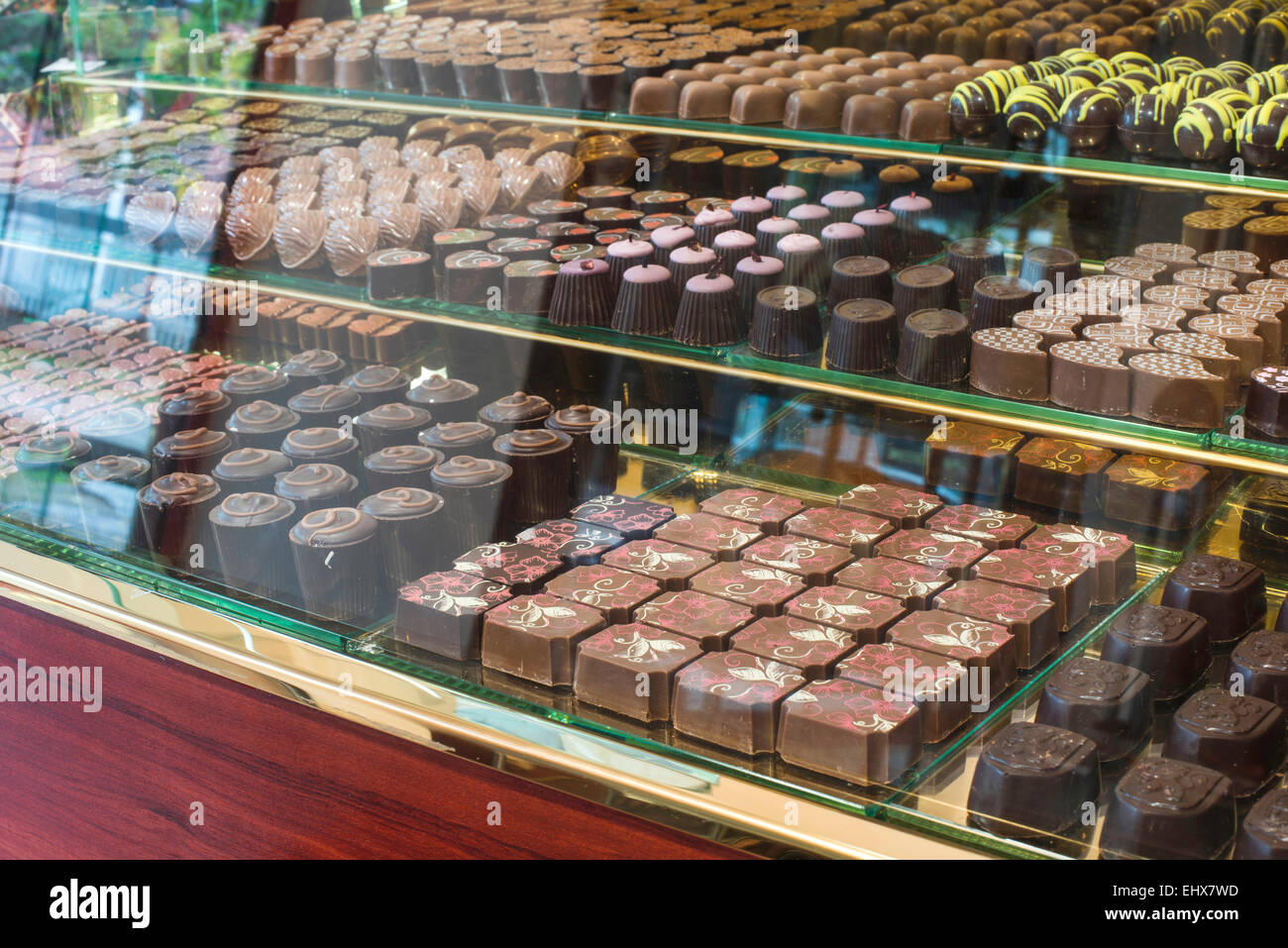 Bulgaria, Chocolate candy in a shop window, Stand with chocolates Stock ...