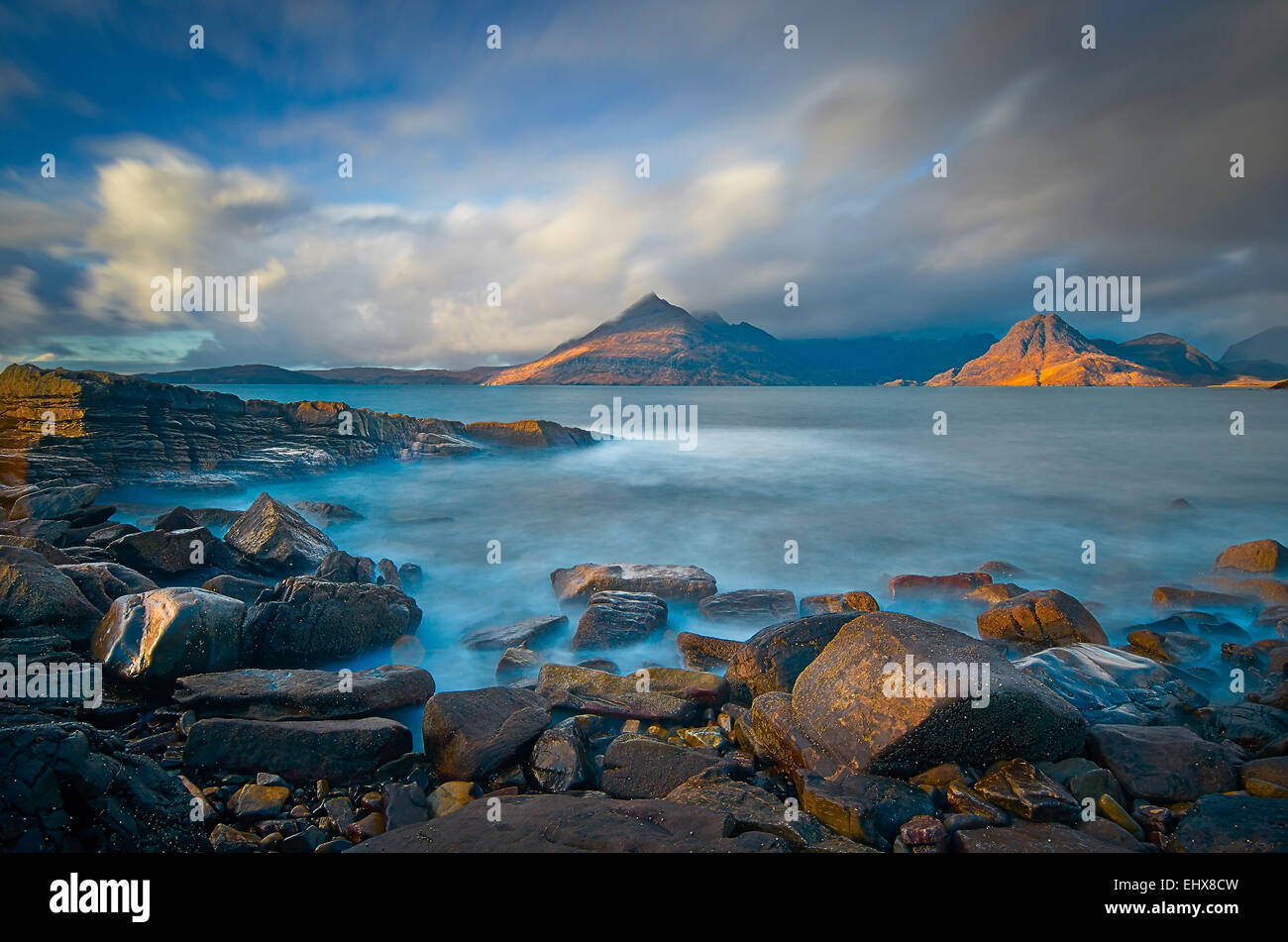 Looking from Elgol, Isle of Skye, across Loch Scavaig to the cuillin ...