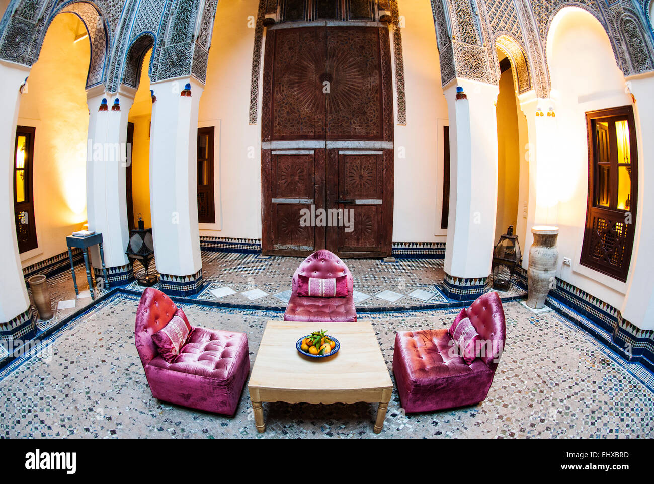 A courtyard of the traditional Moroccan riad or traditional house, used ...