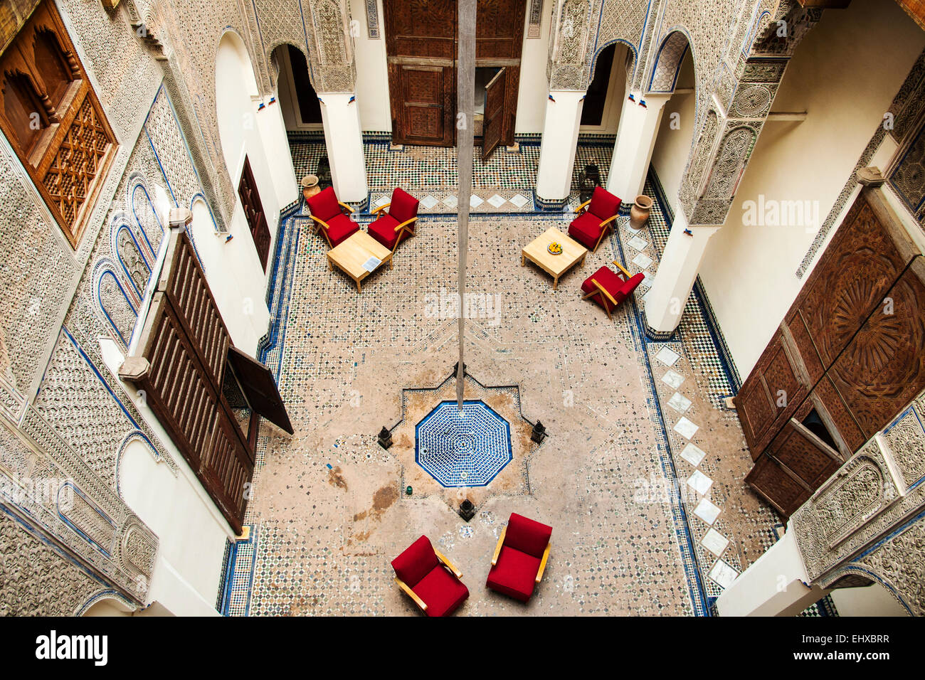 A courtyard of the traditional Moroccan riad or traditional house, used ...