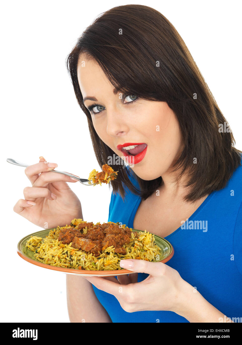Attractive Young Woman Eating Lamb Rogan Josh Indian Curry Stock Photo ...