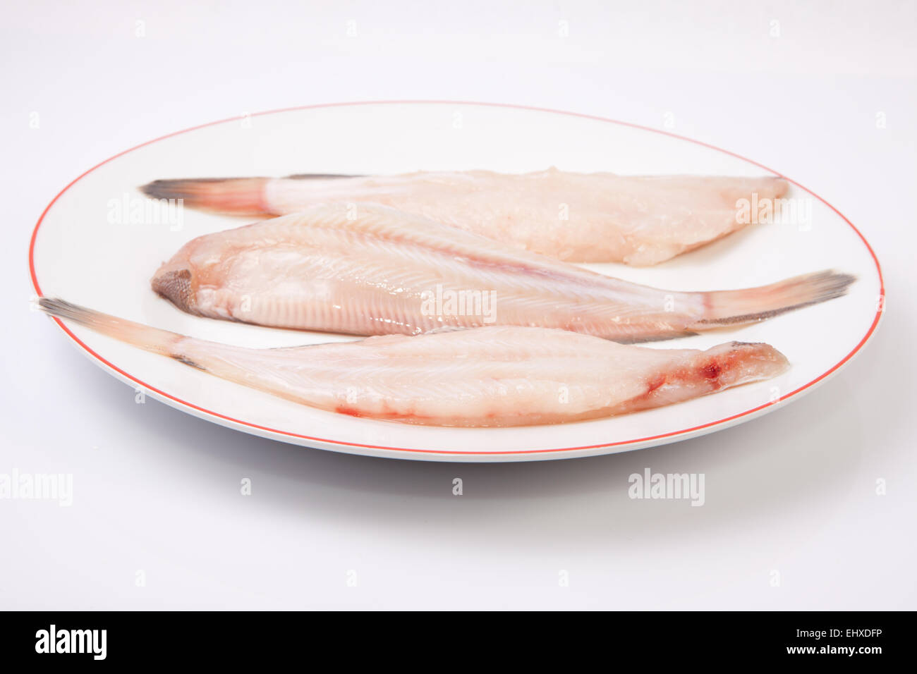 Raw sole fish ready to cook. Plate of three pieces isolated over white ...