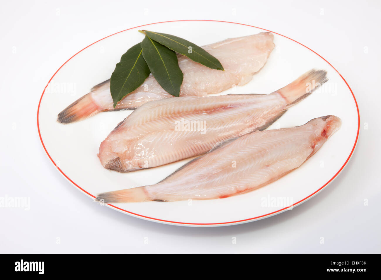 Raw sole fish ready to cook. Plate of three pieces decorated with a bay ...