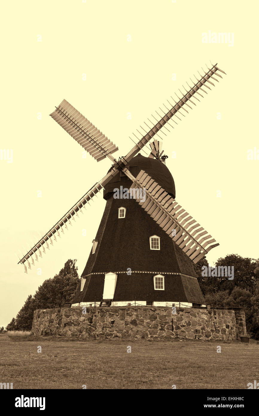 Black and white shot of a windmill from the island Funen, Denmark. Copy ...