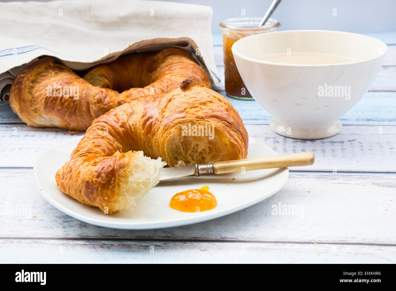 French breakfast with croissant, Cafe au lait and fig jam Stock Photo ...