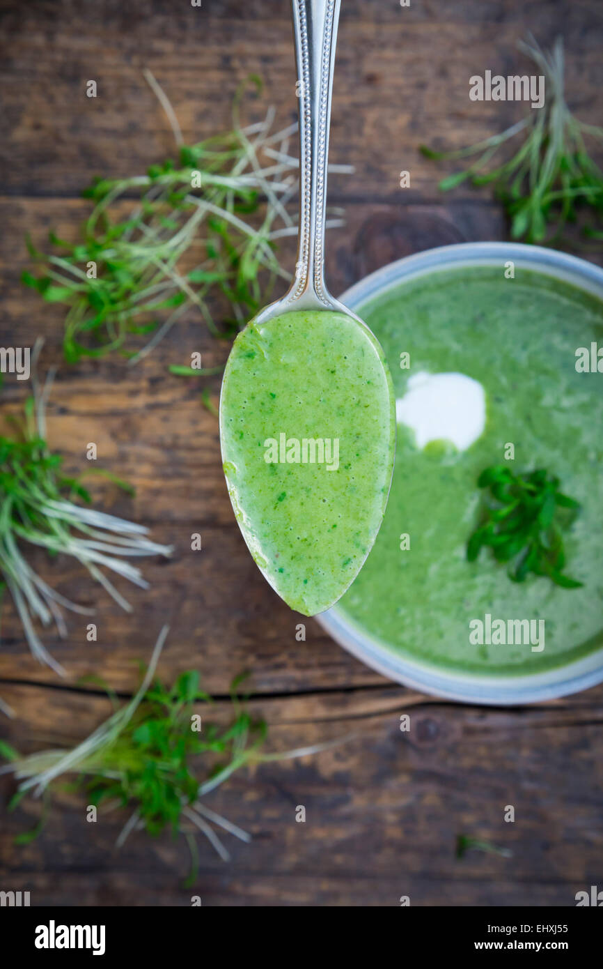 Cress soup on spoon and in bowl on dark wood Stock Photo - Alamy