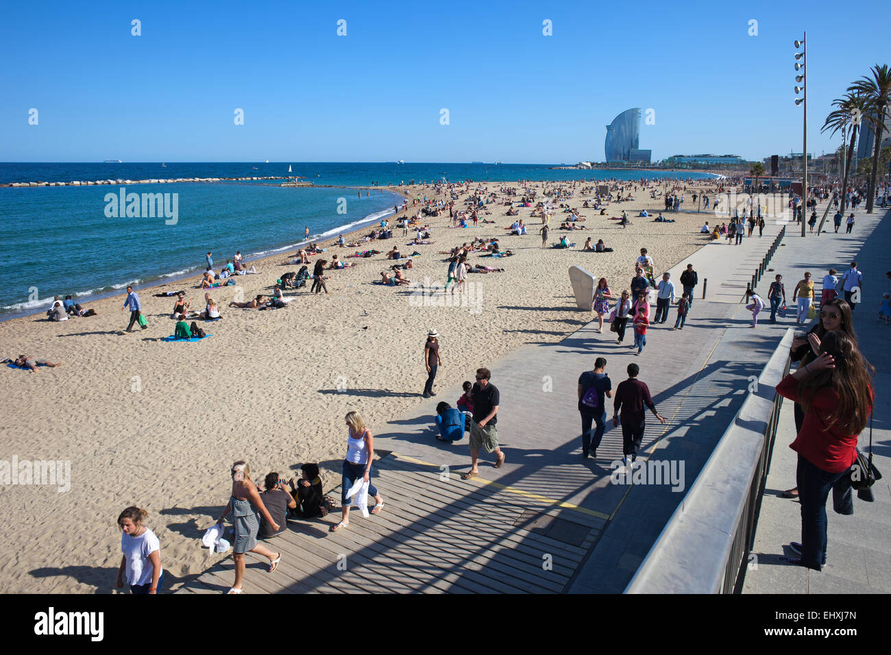 Barceloneta beach and promenade in Barcelona, Catalonia, Spain Stock ...