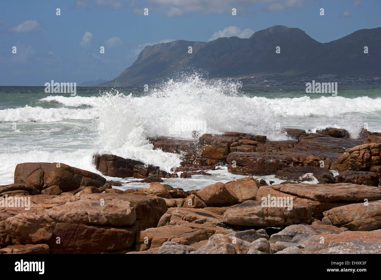 Waves breaking on the rocks, St James, Cape Town, Western Cape Province ...