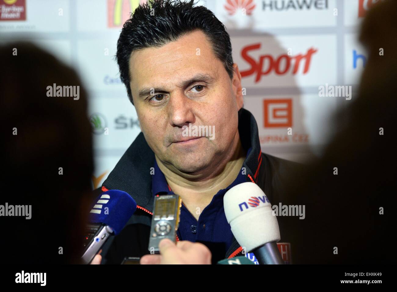 Couch of Czech team Vladimir Ruzicka speaks to media during the meeting ...