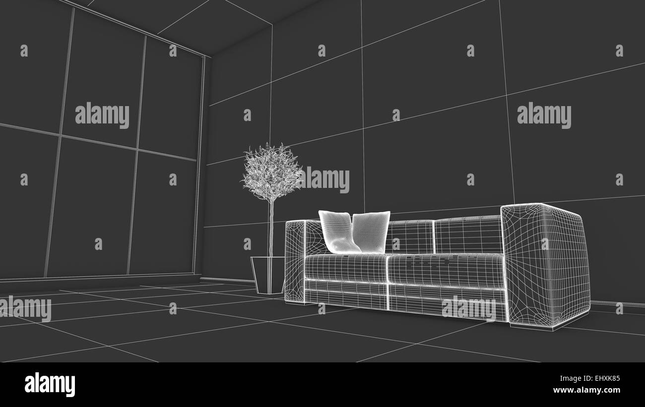 Side view of an interior rendering of a living room in wireframe Stock ...
