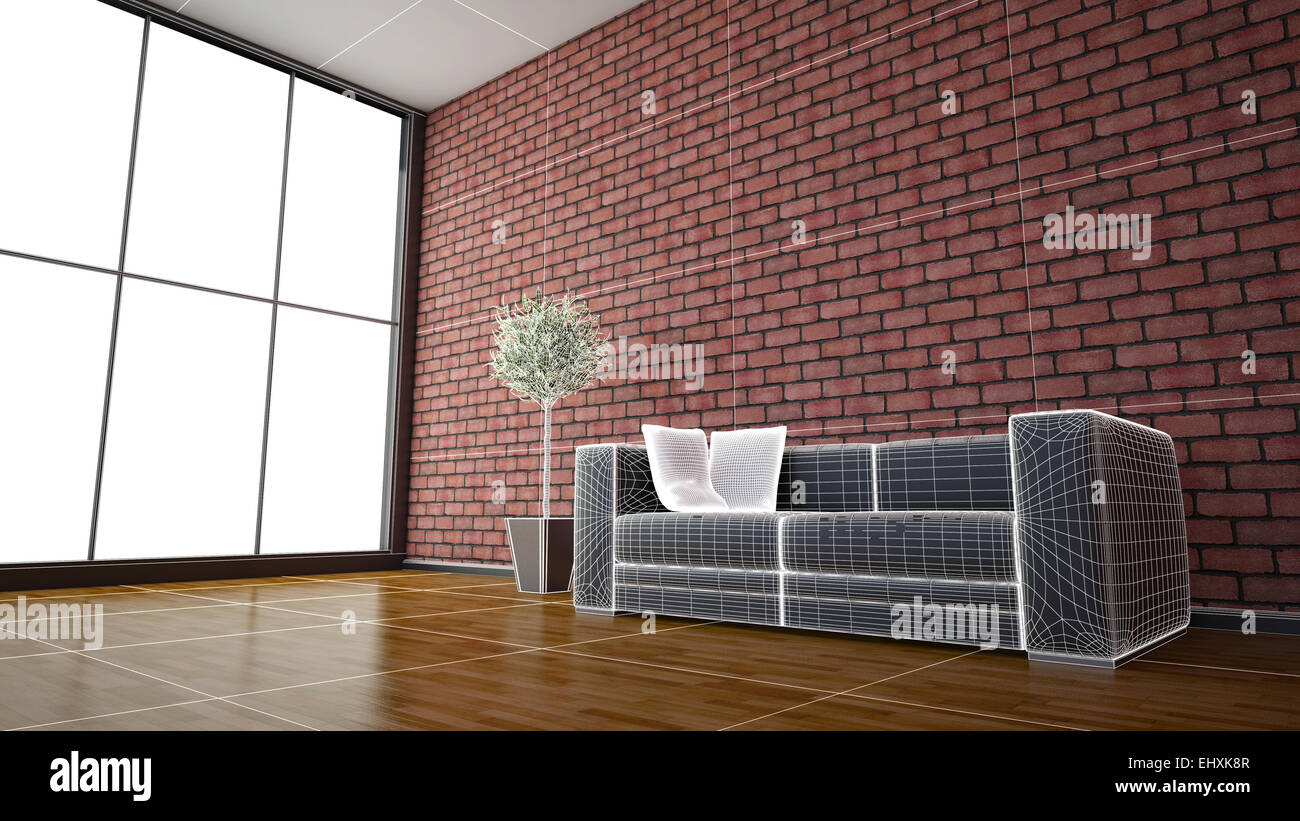 Side view of an interior rendering of a living room with textures and ...