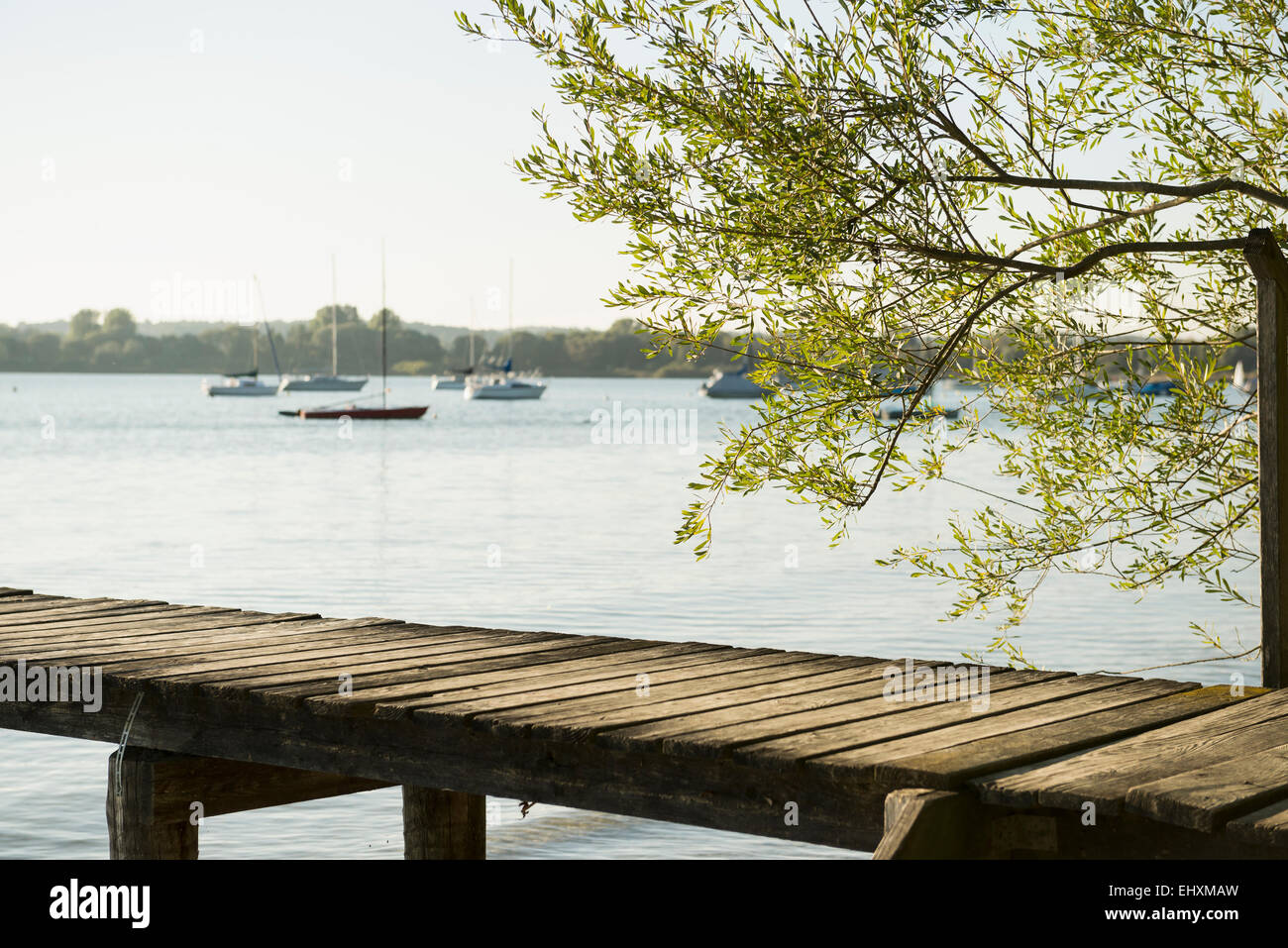 Landing stage wooden jetty lake water tree boats Stock Photo - Alamy