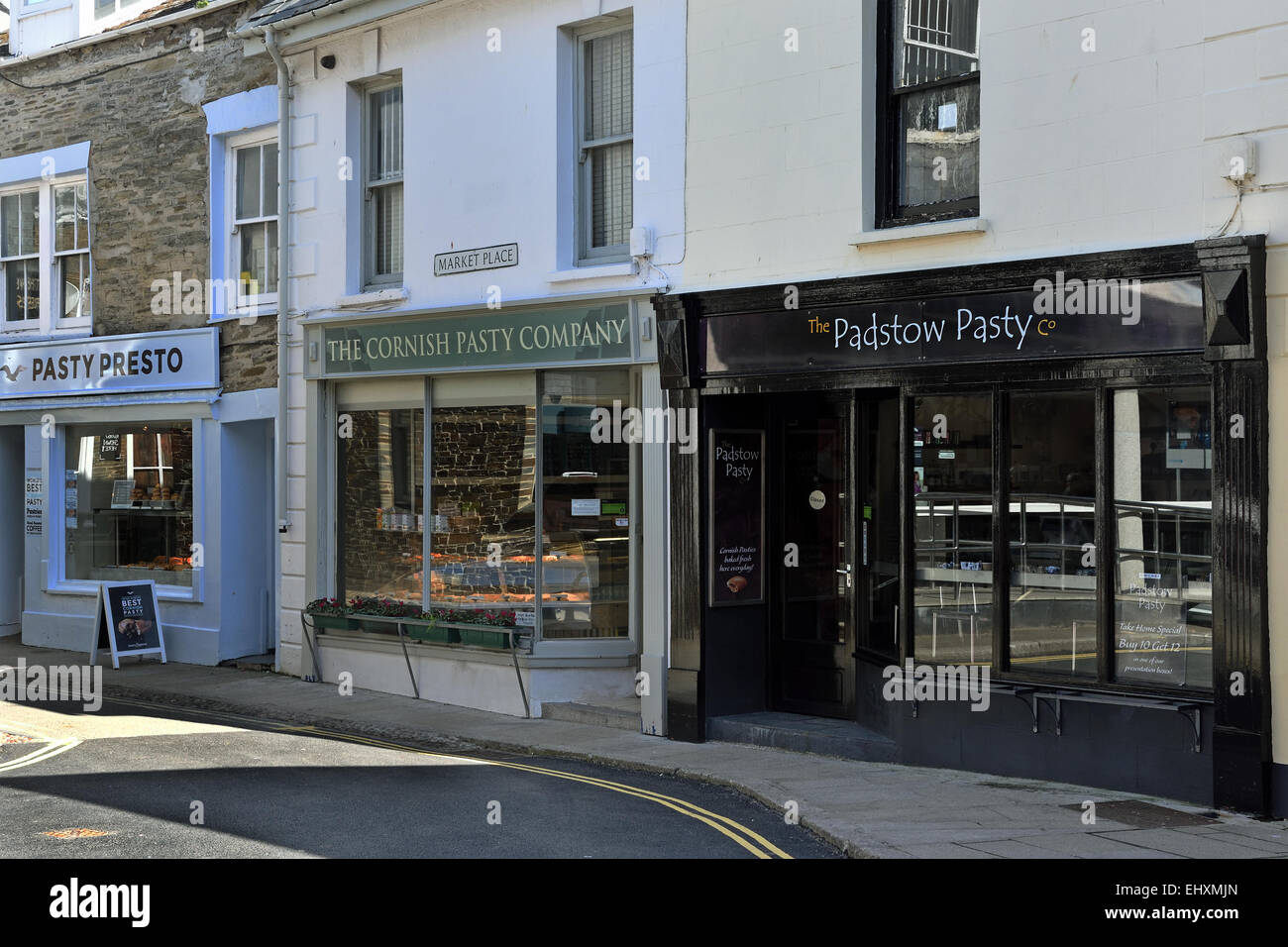 Three pasty shops in the Parket Place at Padstow, Cornwall, UK Stock ...