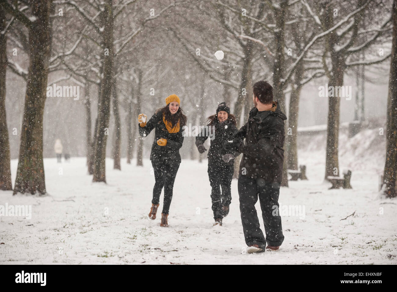 Three friends having a snowball fight Stock Photo - Alamy