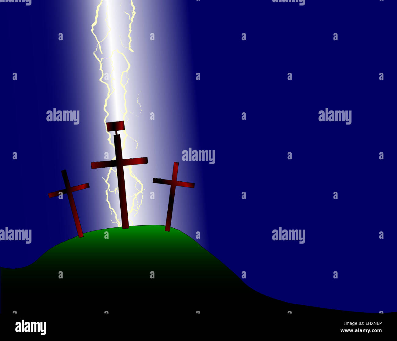 The three crosses with sign on Calvary with a background of lightning ...