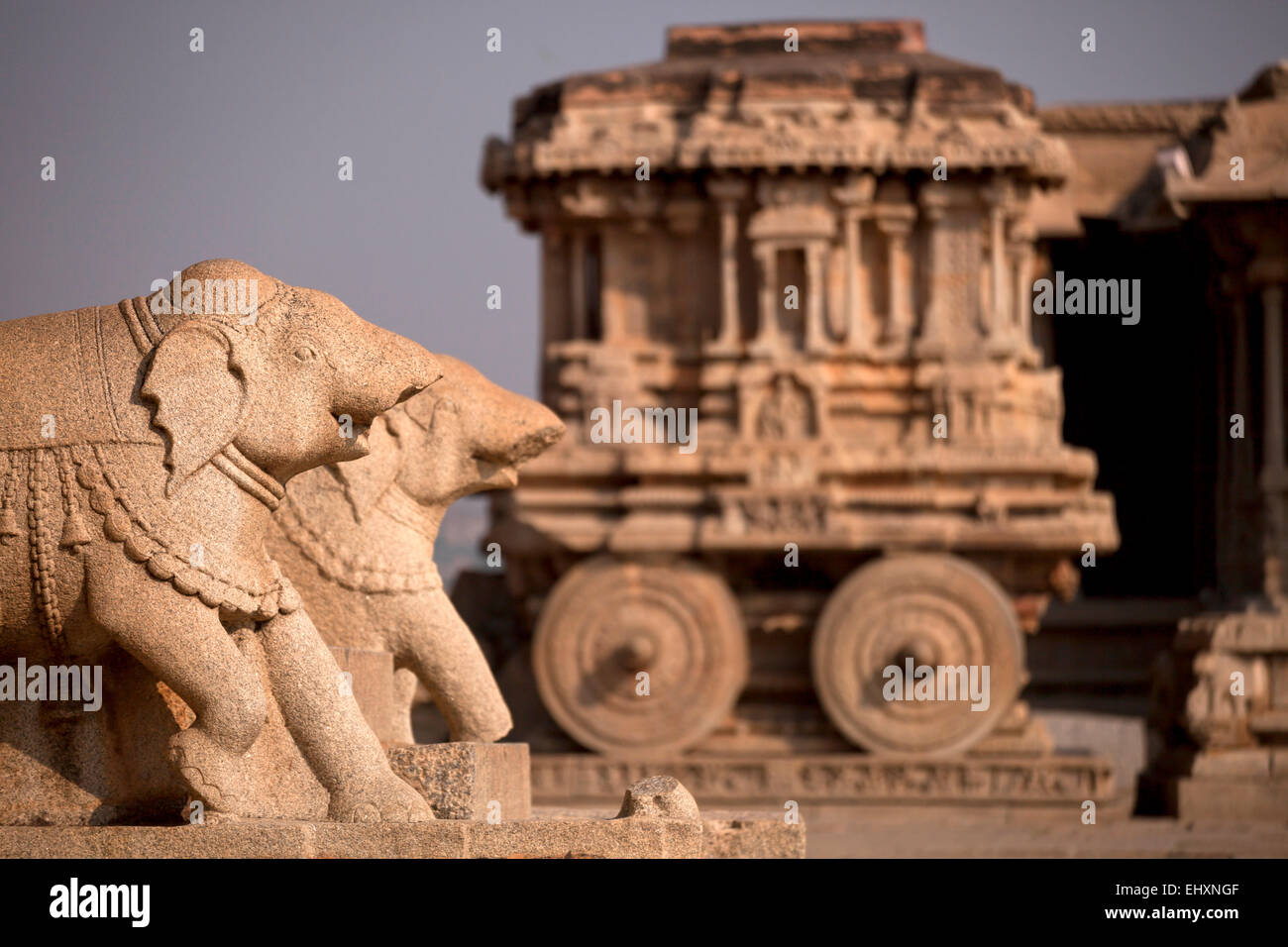 India, Karnataka, Stone Chariot and elephant figures at Vittala Temple ...