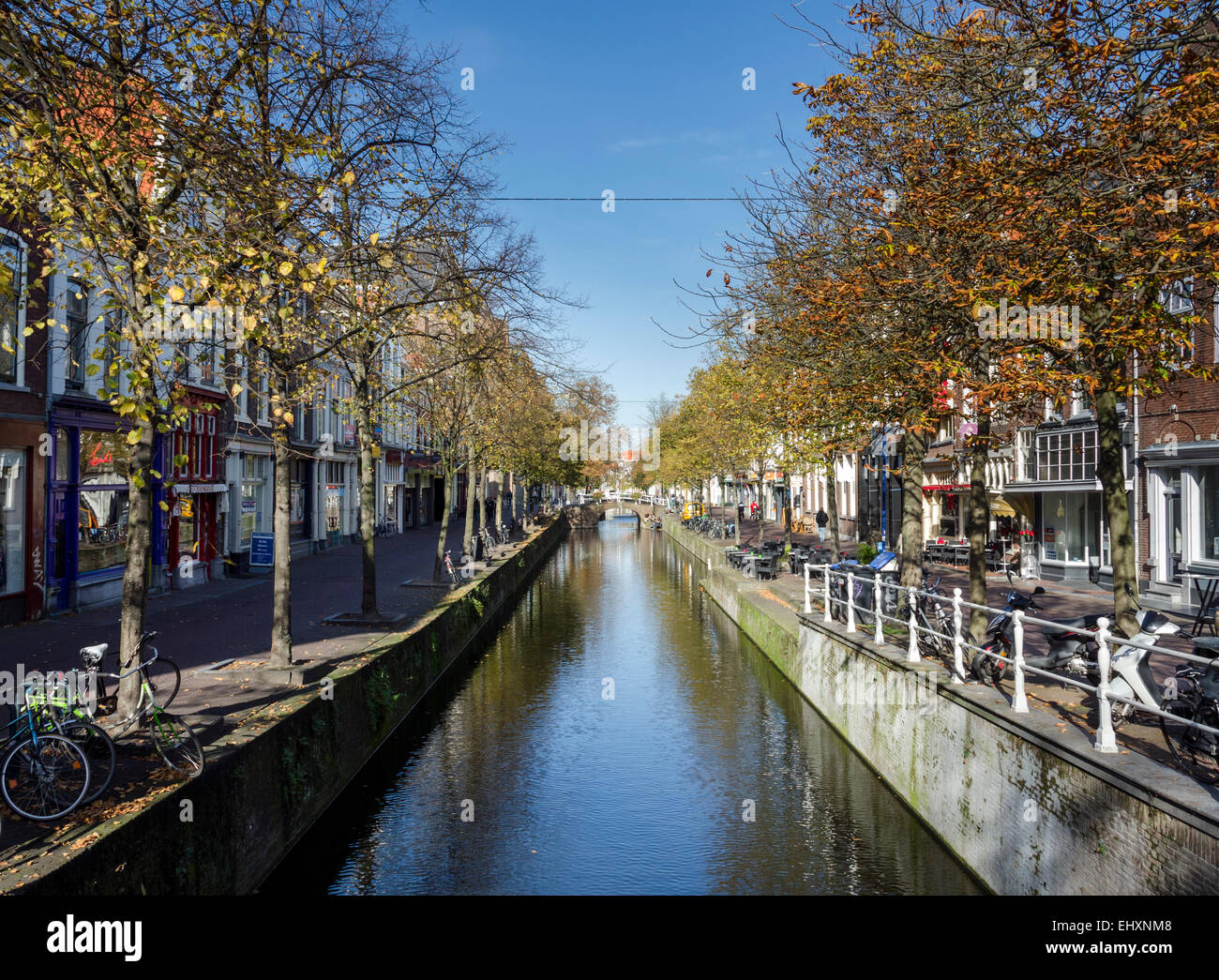 A tree lined canal in the pretty dutch city of Delft in the Netherlands ...