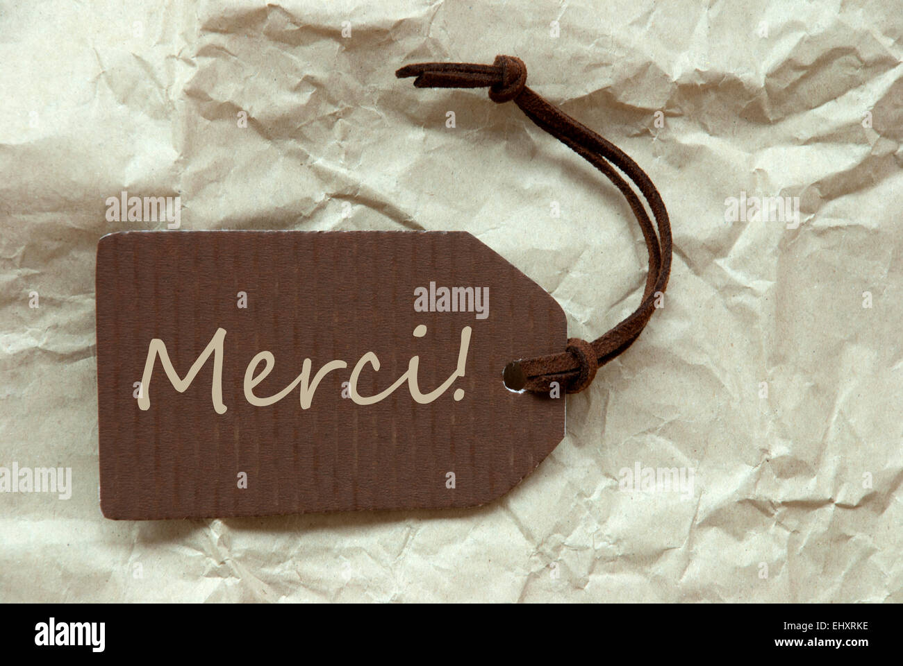One Brown Label Or Tag With Brown Ribbon On Crumpled Paper Background ...