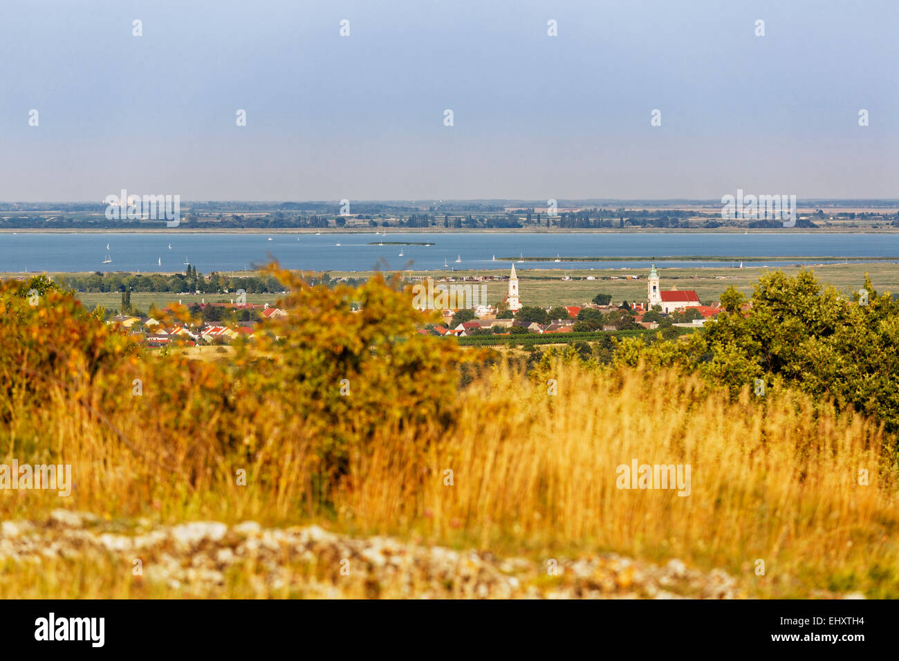 Austria, Burgenland, view on Rust and Lake Neusiedl from Kogel Stock ...