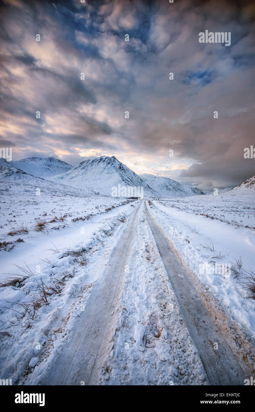 United Kingdom, Scotland, Glencoe, Glen Etive, road in winter Stock ...