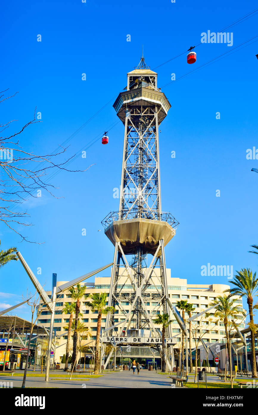 Cable car tower and World Trade Center. Barcelona, Catalonia, Spain ...