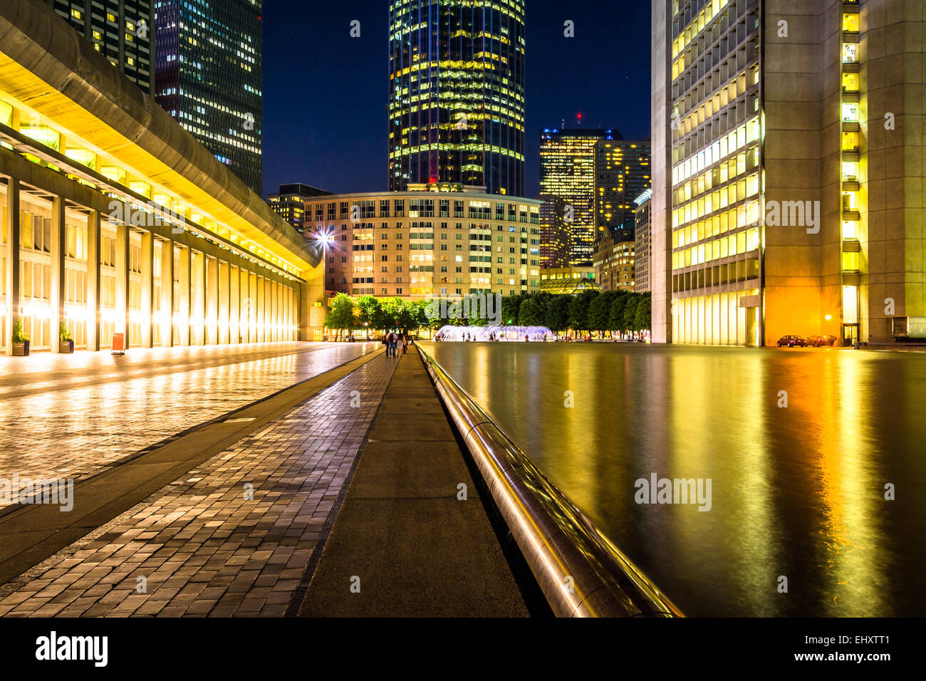 Reflecting pool and skyscrapers at night, seen at Christian Science ...